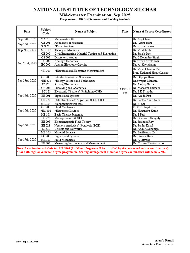 Timetable Mid Sem Sep 2025 | PDF | Computer Engineering | Electronics