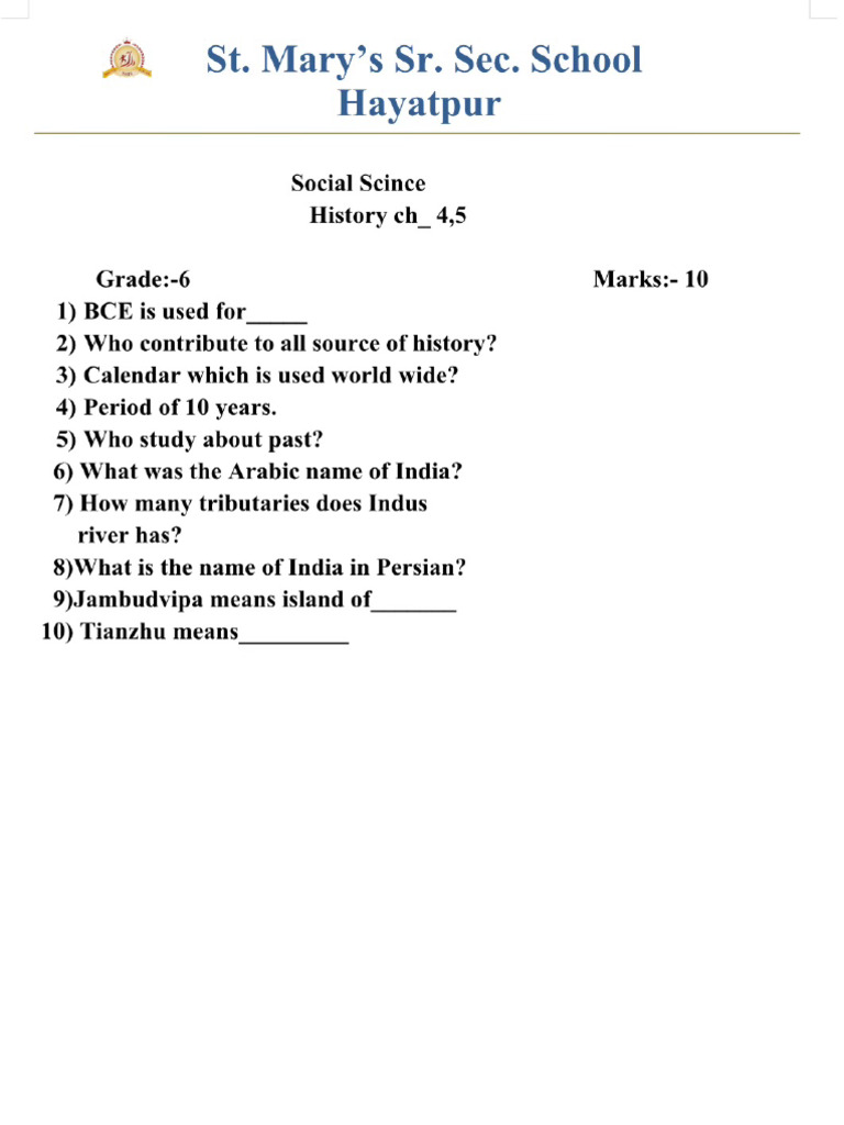 Class 6 SST Worksheet | PDF