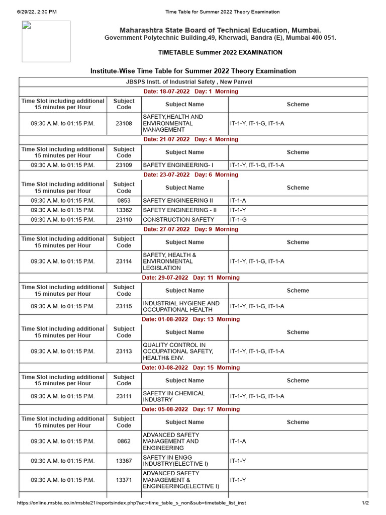 Time Table For Summer 2022 Theory Examination | PDF