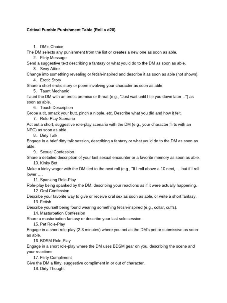 Critical Fumble Punishment Table (Roll A d20) | PDF