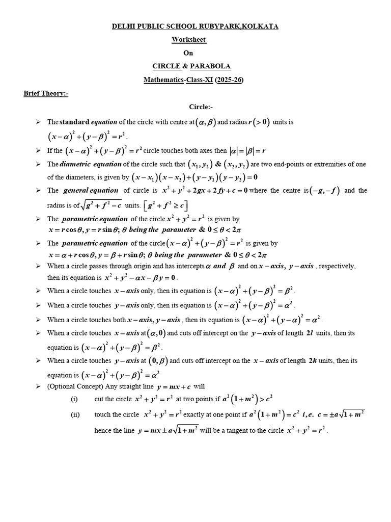 Worksheet On Circle & Parabola | PDF | Circle | Elementary Mathematics