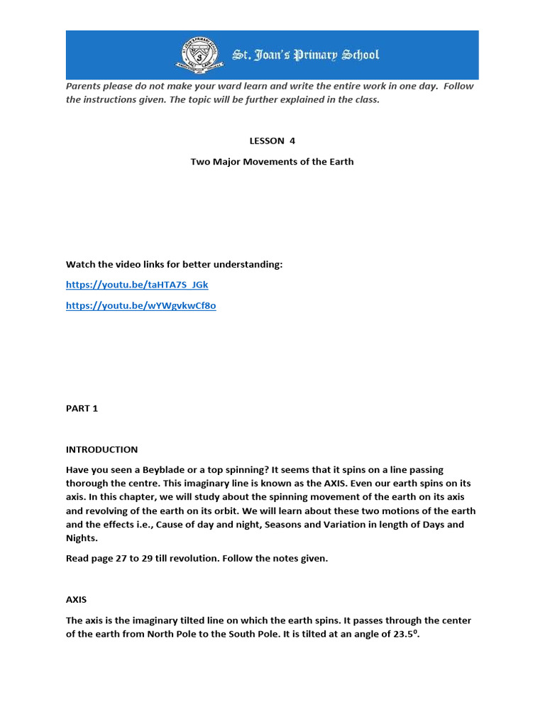 Class 5 Geography Lesson 4 Topic - Two Major Movements of The Earth ...