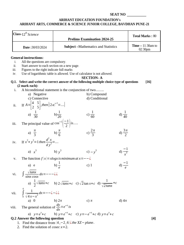 12th Scienec Prelims Math Question Paper Final | PDF | Tangent | Equations