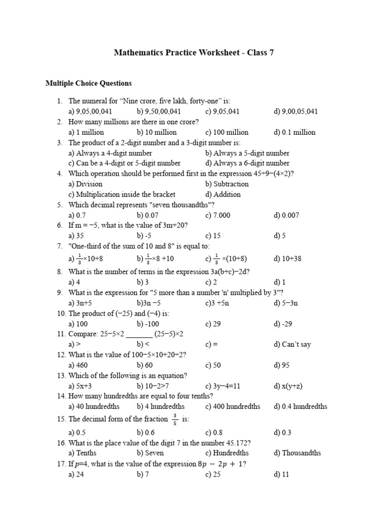 Mathematics Practice Worksheet 7 | PDF | Numbers | Subtraction