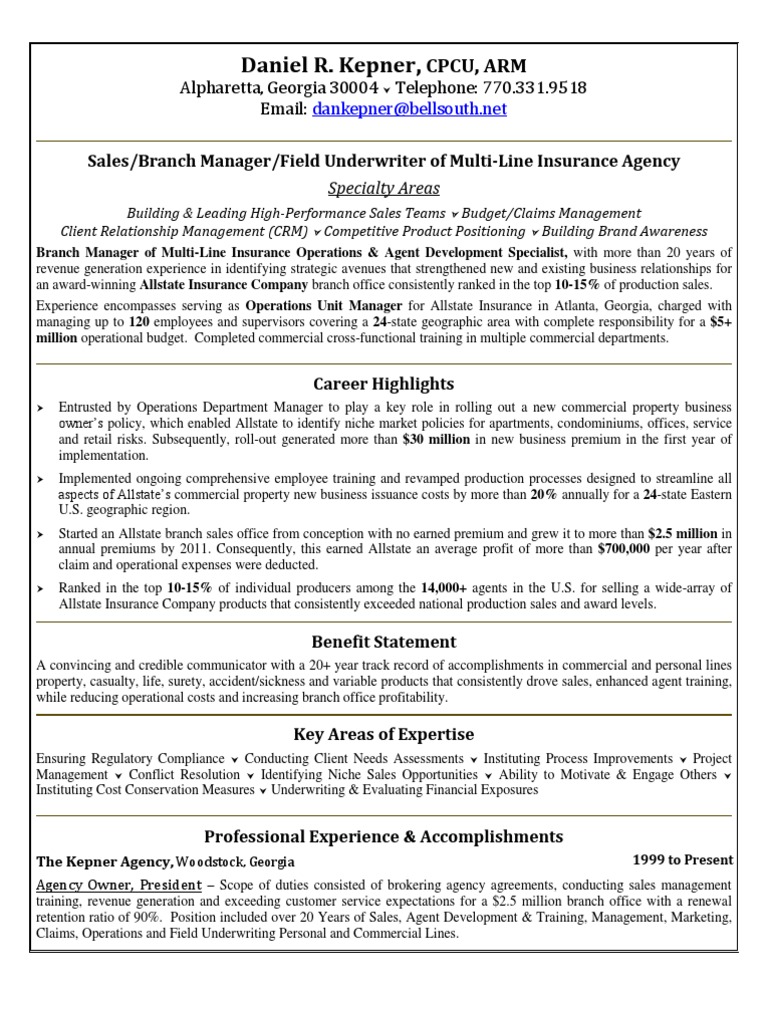 P&C Account Manager in Atlanta GA Resume Daniel Kepner | PDF | Allstate ...