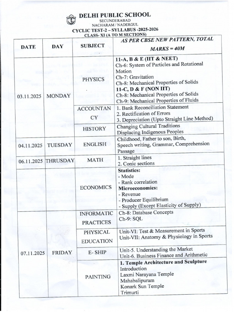 Ct2 Examination Grade Xi Syllabus and Date Sheet | PDF