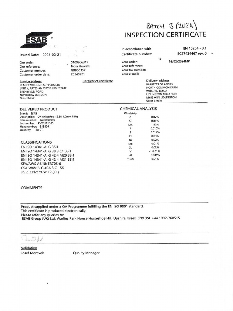 Welding Wire Test Report - Batch 3 (2024) | PDF