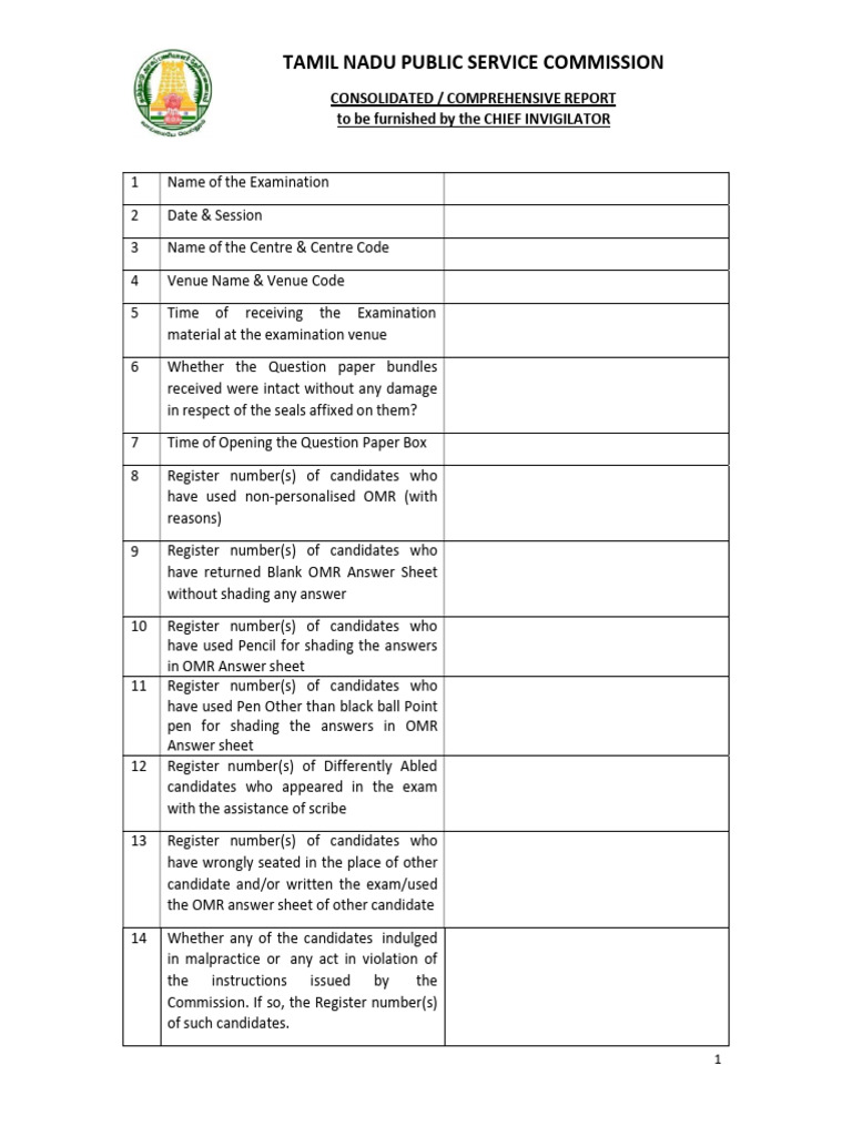 TNPSC Examination Chief Invigilator Report | PDF