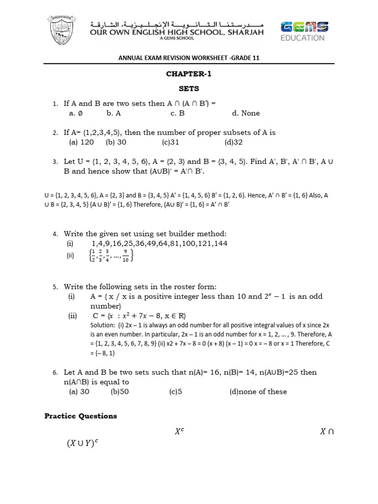 Grade 11 Annual Exam Revision Worksheet | PDF | Mathematical Analysis ...