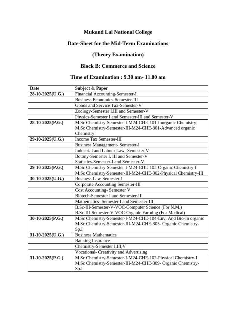 Date Sheet Mid Term Exam Oct 2025 | PDF | Economies