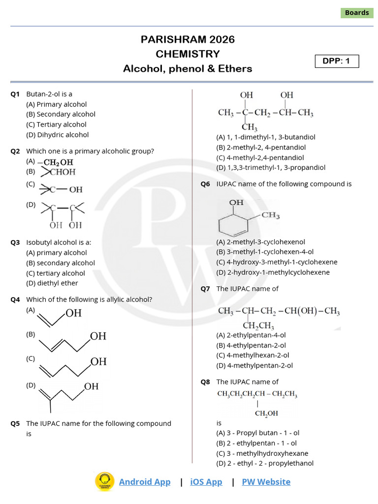 Alcohol, Phenol & Ethers DPP 01 | PDF | Alkene | Organic Compounds