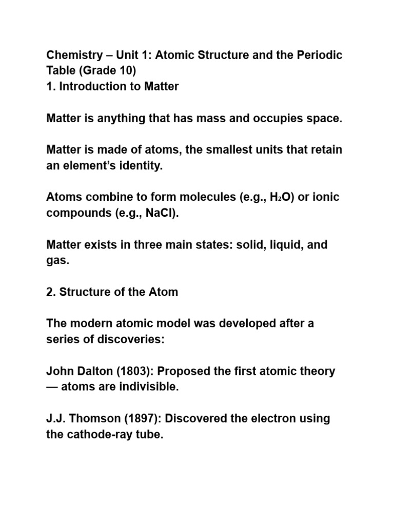 Grade 10 Atomic Structure Notes | PDF | Atoms | Electron