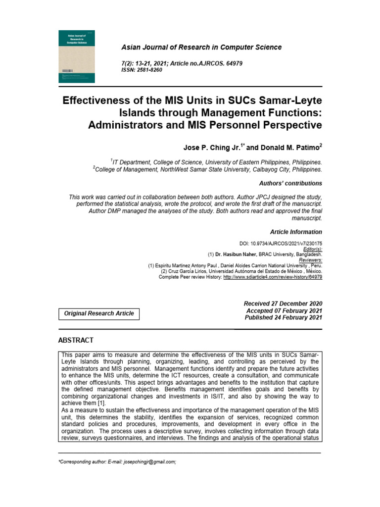 Jose P. Ching - Effectiveness of The MIS Units in SUCs Samar-Leyte ...