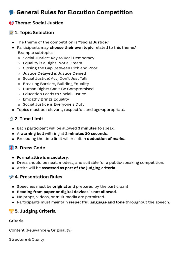 Elocution Competition Rules and Criteria | PDF