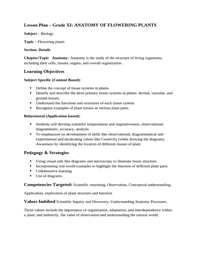 Anatomy of Flowering Plants Lesson Plan | PDF | Tissue (Biology ...