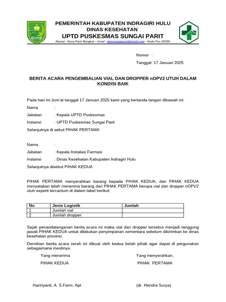 1. BERITA ACARA Pengembalian Vial Dan Dropper Utuh NOPV2 | PDF