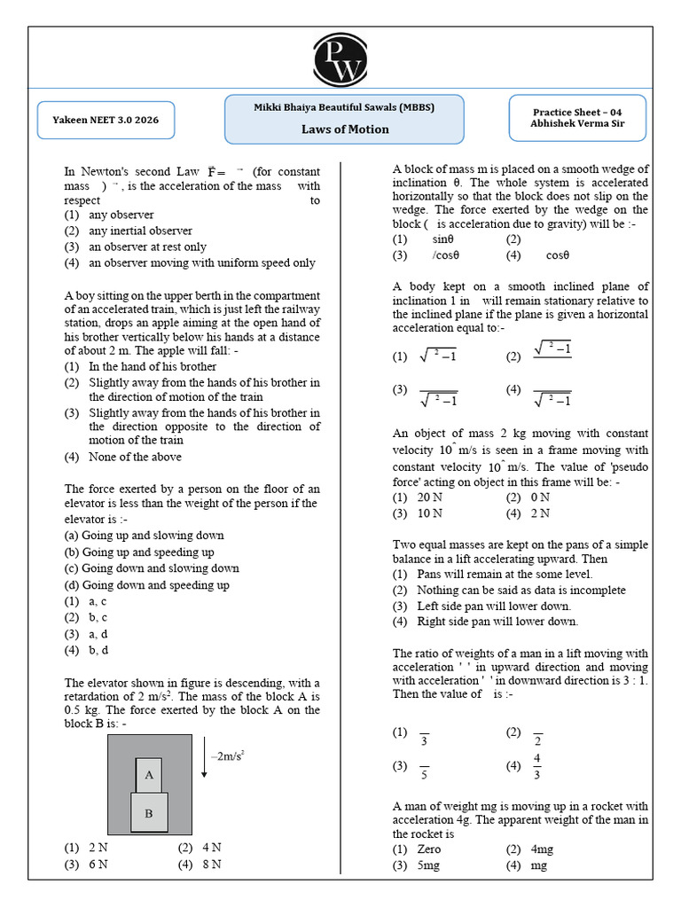 Laws of Motion Practice Sheet 04 | PDF | Force | Mass