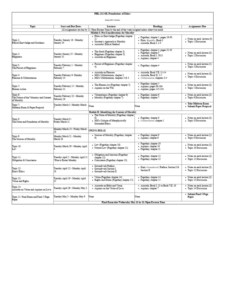 PHL-212 Ethics Course Calendar 2021 | PDF | Utilitarianism | Happiness