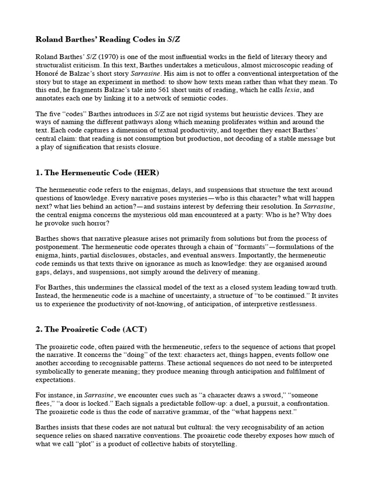 Roland Barthes' Reading Codes in S - Z | PDF | Interpretation (Philosophy) | Human Communication
