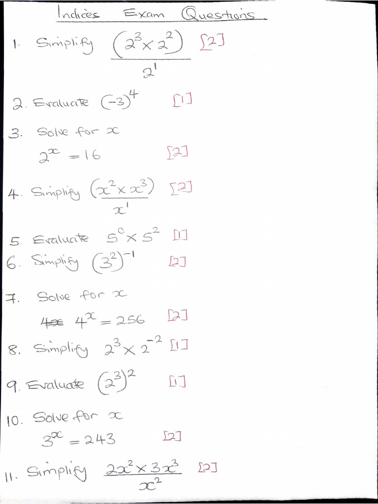 Indices Exam Type Questions | PDF
