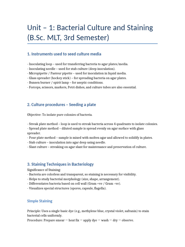 Unit1 Bacterial Culture and Staining | PDF | Staining | Microbiology