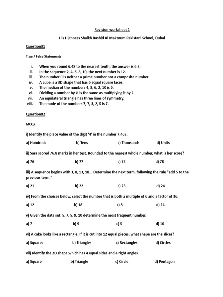 Math Revision Worksheets for Students | PDF | Numbers | Dubai