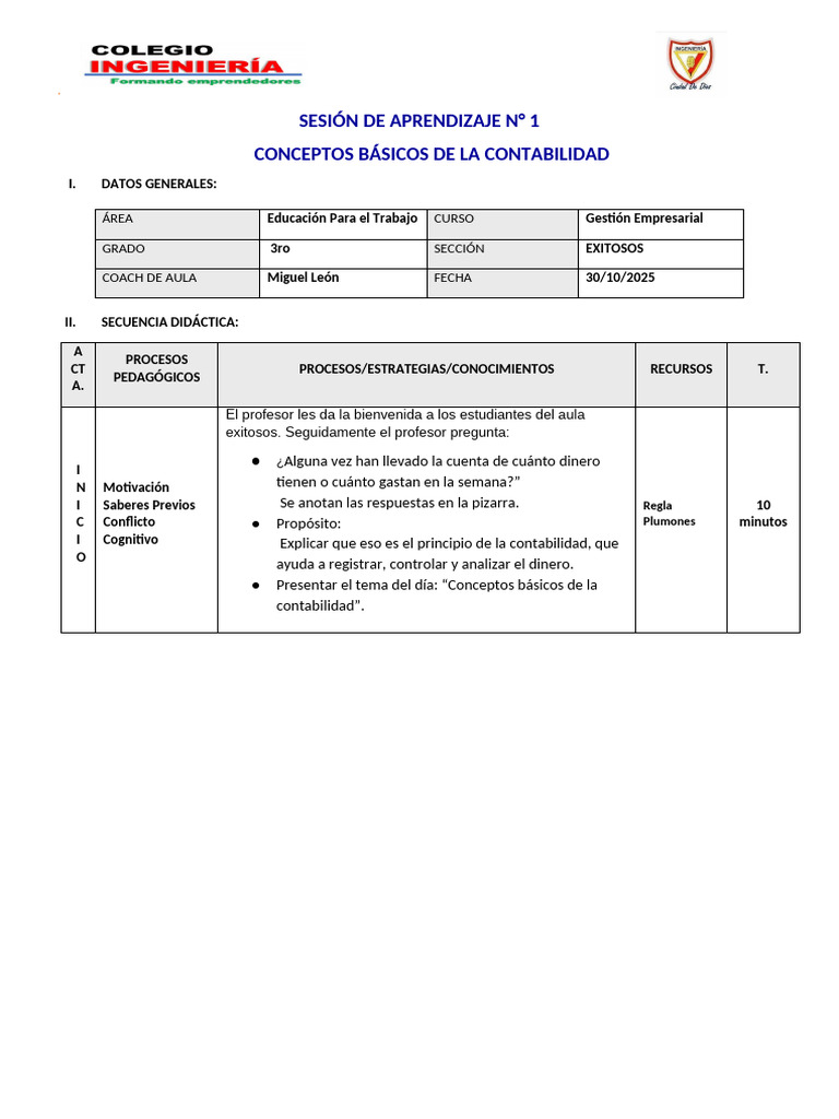 Sesión de Aprendizaje Gestión Empresaeial EXITOSOS - IV Bimestre - 2025 ...