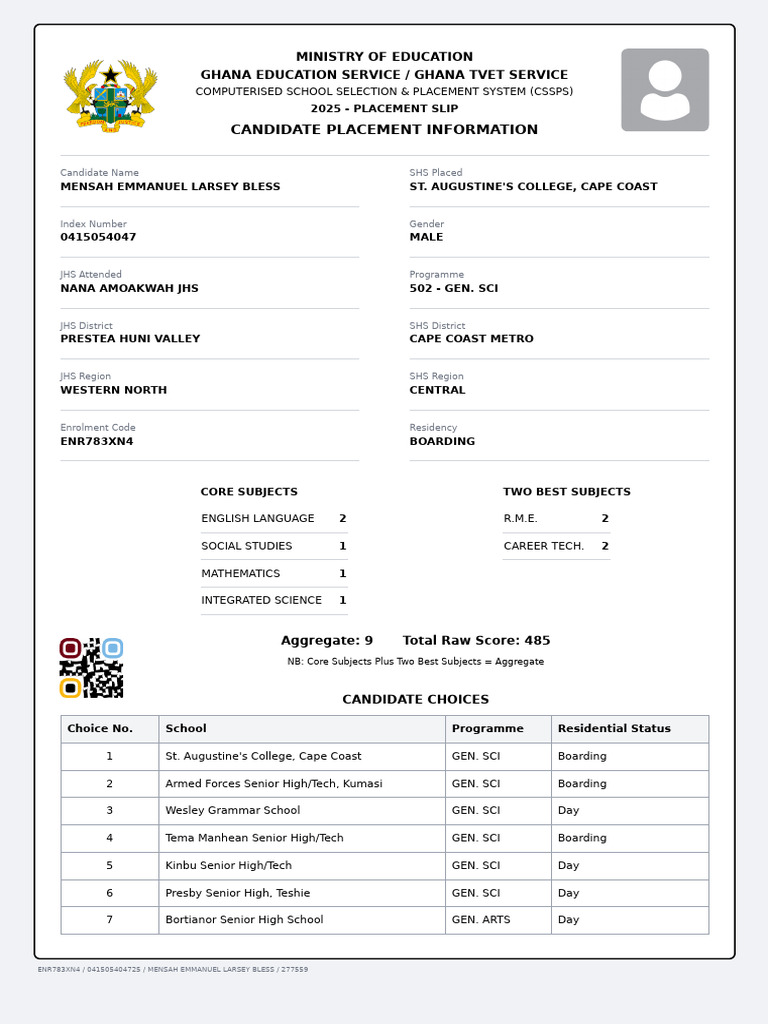2025 CSSPS Placement Slip for SHS | PDF | Ghana
