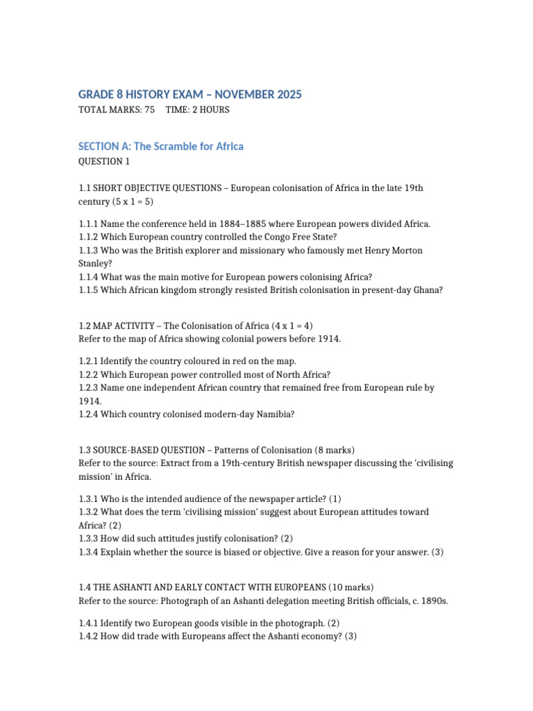 Grade 8 History Exam November 2025 | PDF | Colonialism | Africa