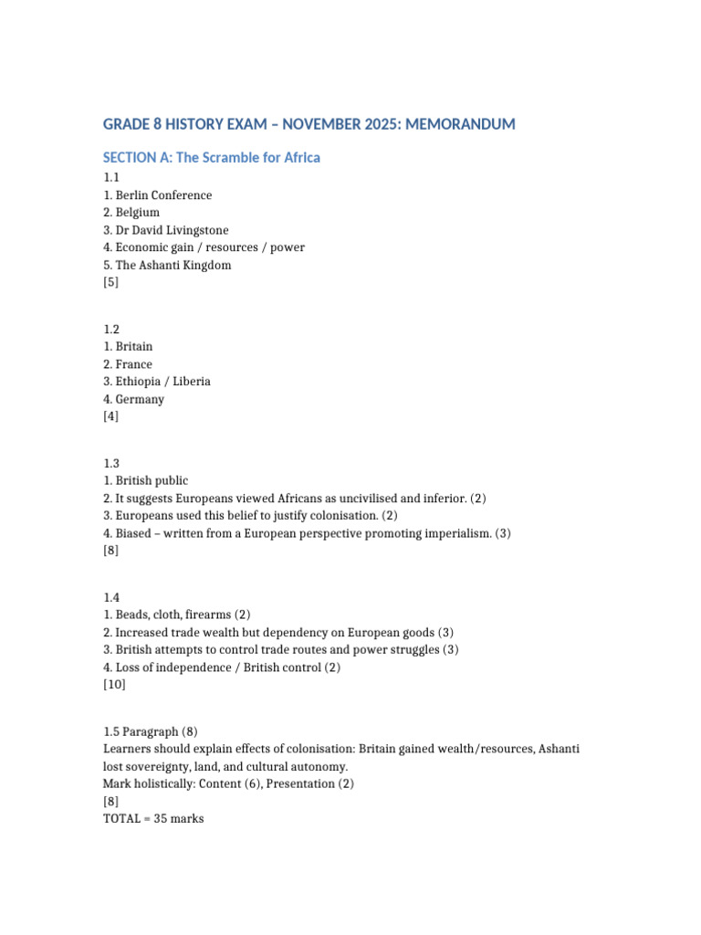 Grade 8 History Exam Memo Nov 2025 | PDF