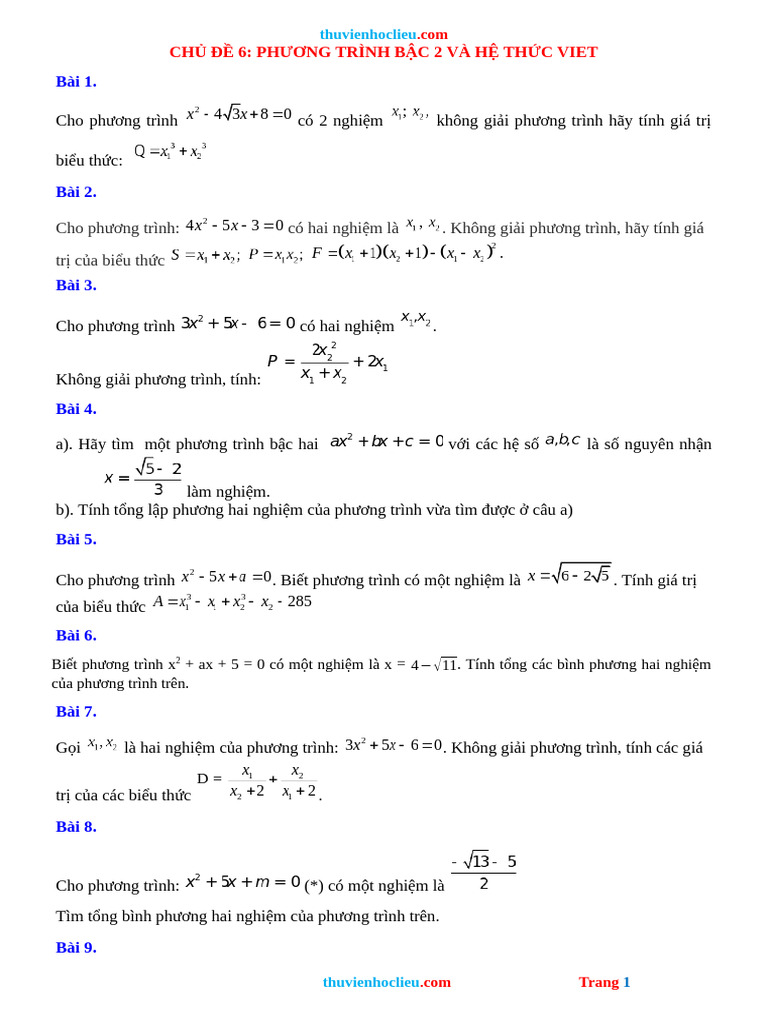 Toan 9 Tuyen Sinh 10 Chu de 6. Phuong Trinh Bac 2 He Thuc Viet | PDF