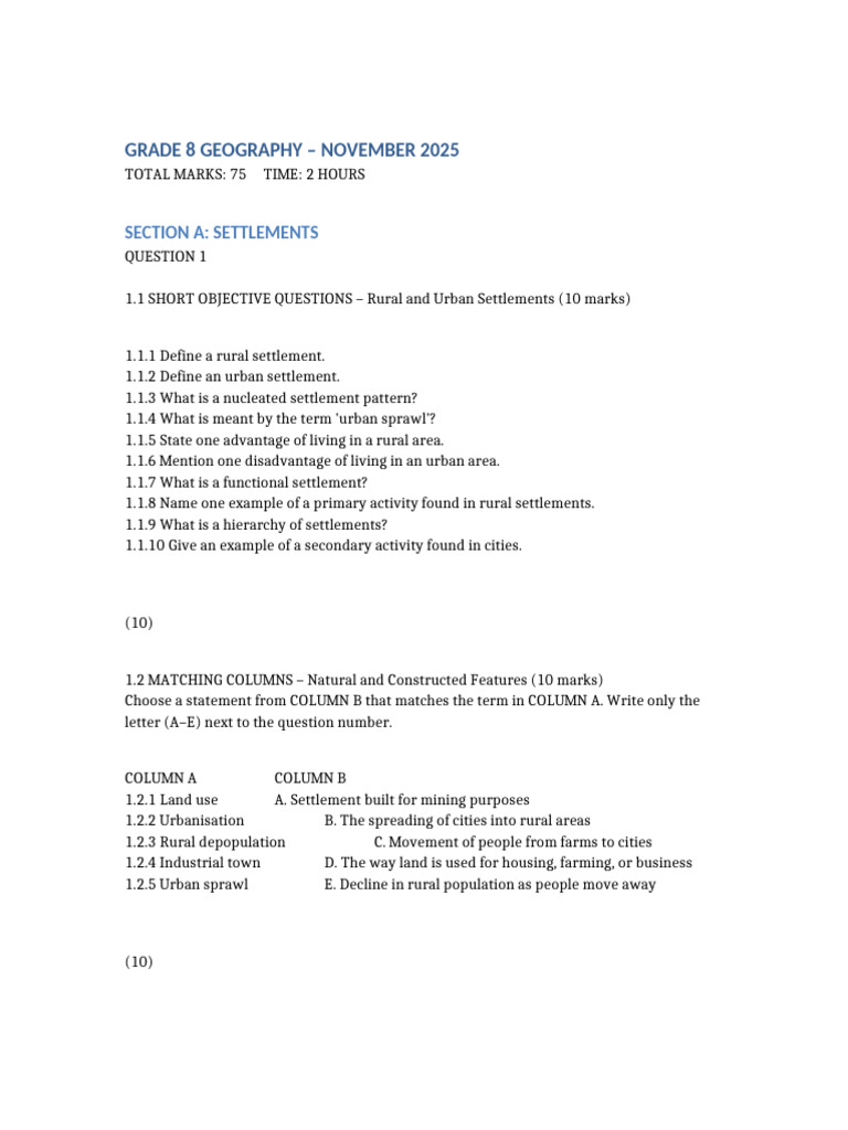 Grade 8 Geography Term 4 Exam 2025 | PDF | Transport | Urbanization
