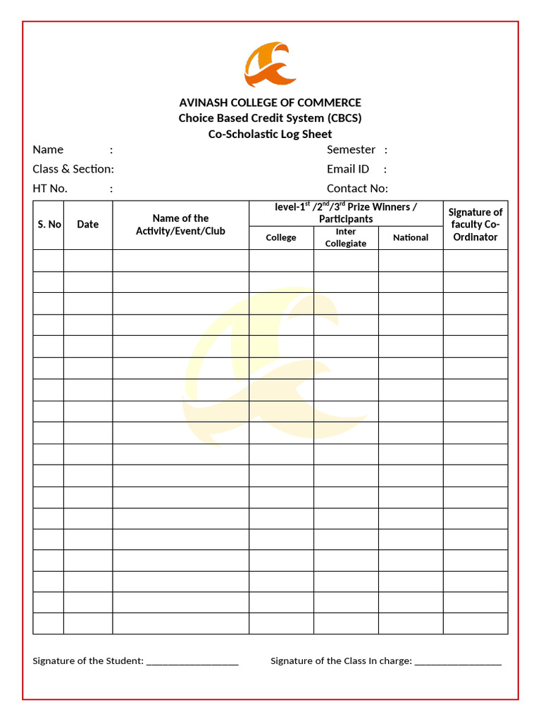 Co Scholastic Log Sheet Cbcs Sheet | PDF