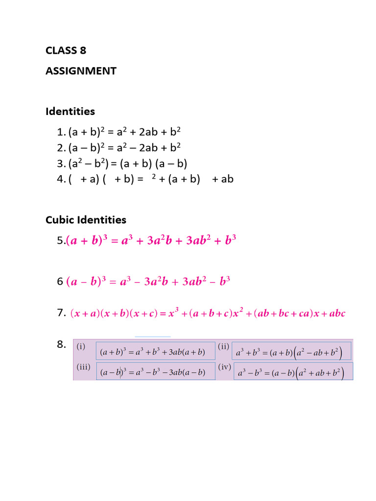 Class 8 Algebraic Identities Guide | PDF