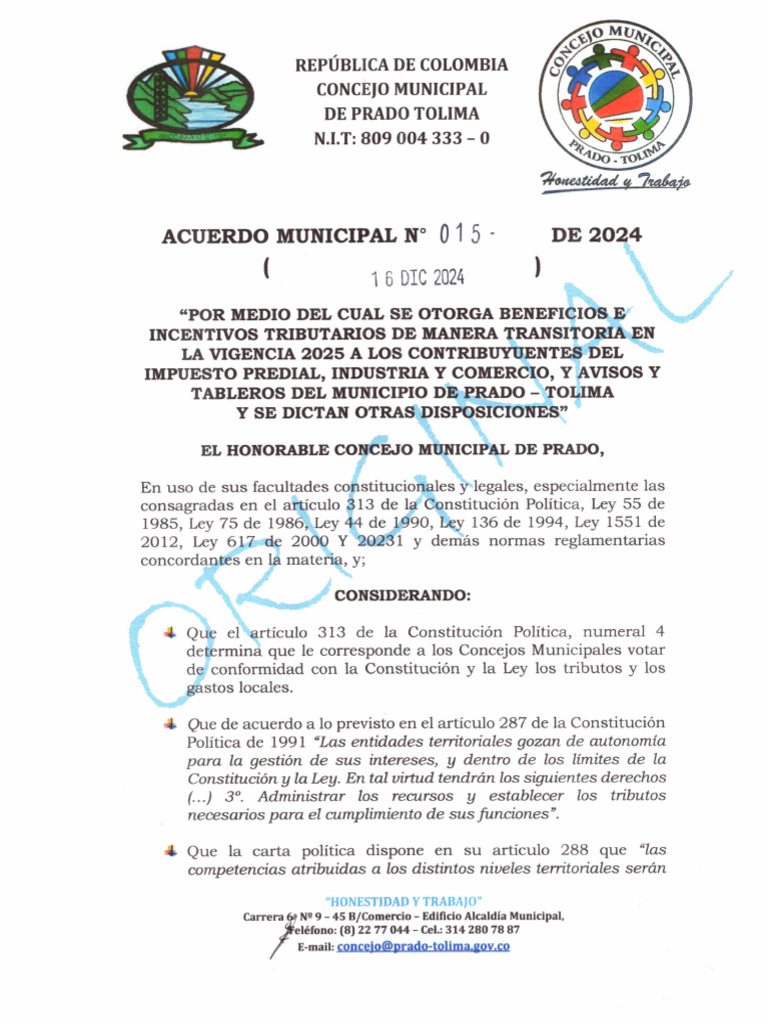 Incentivos Tributarios Prado Tolima 2025 | PDF