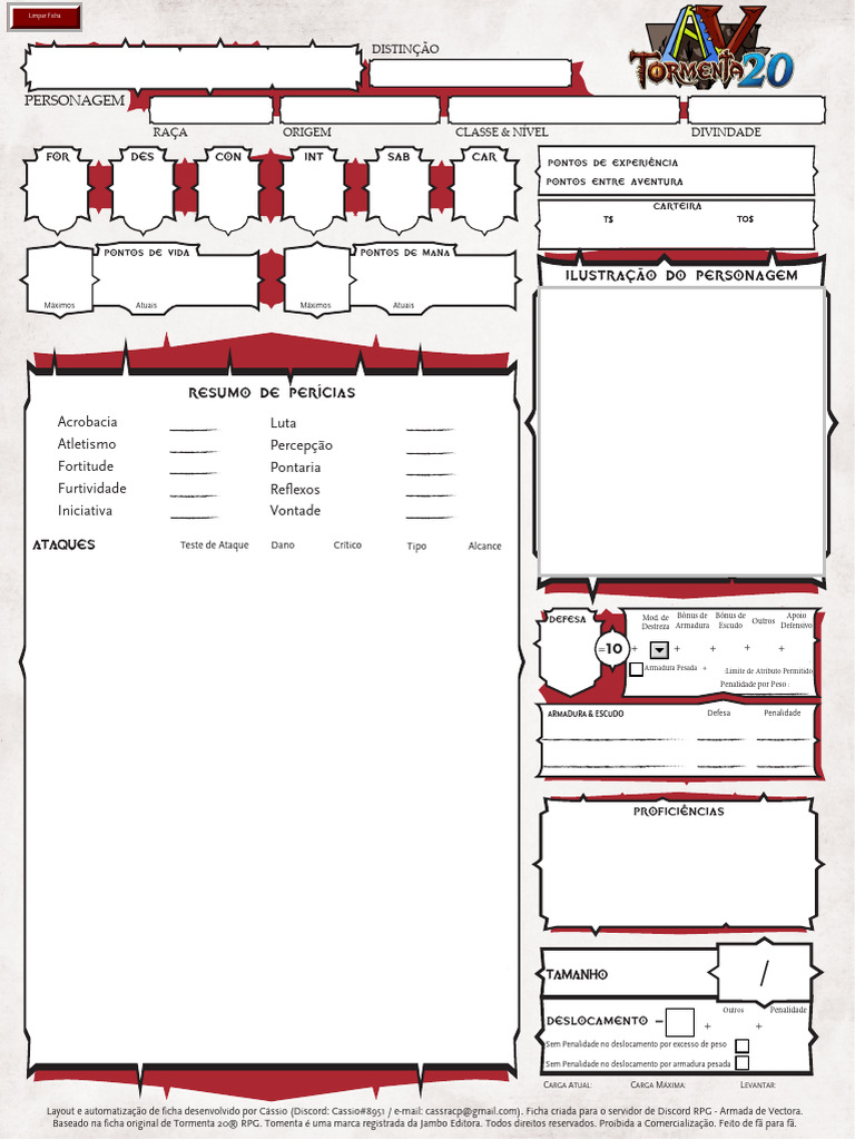 Ficha de Personagem para RPG Tormenta 20 | PDF
