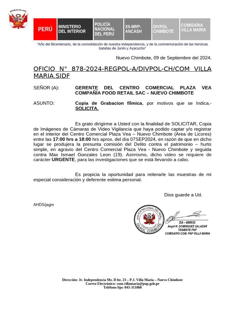 Oficio. Solicita Camaras Plaza Vea | PDF