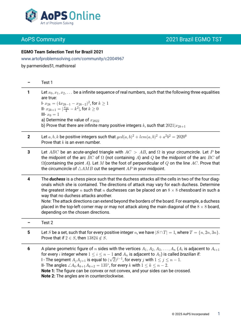 2021 Brazil EGMO Team Selection Test | PDF | Triangle | Classical Geometry