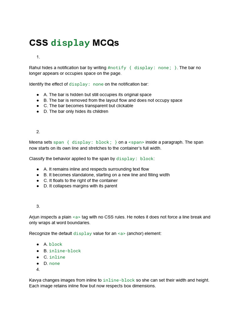 CSS Display Property MCQs and Answers | PDF | Html Element | Computing