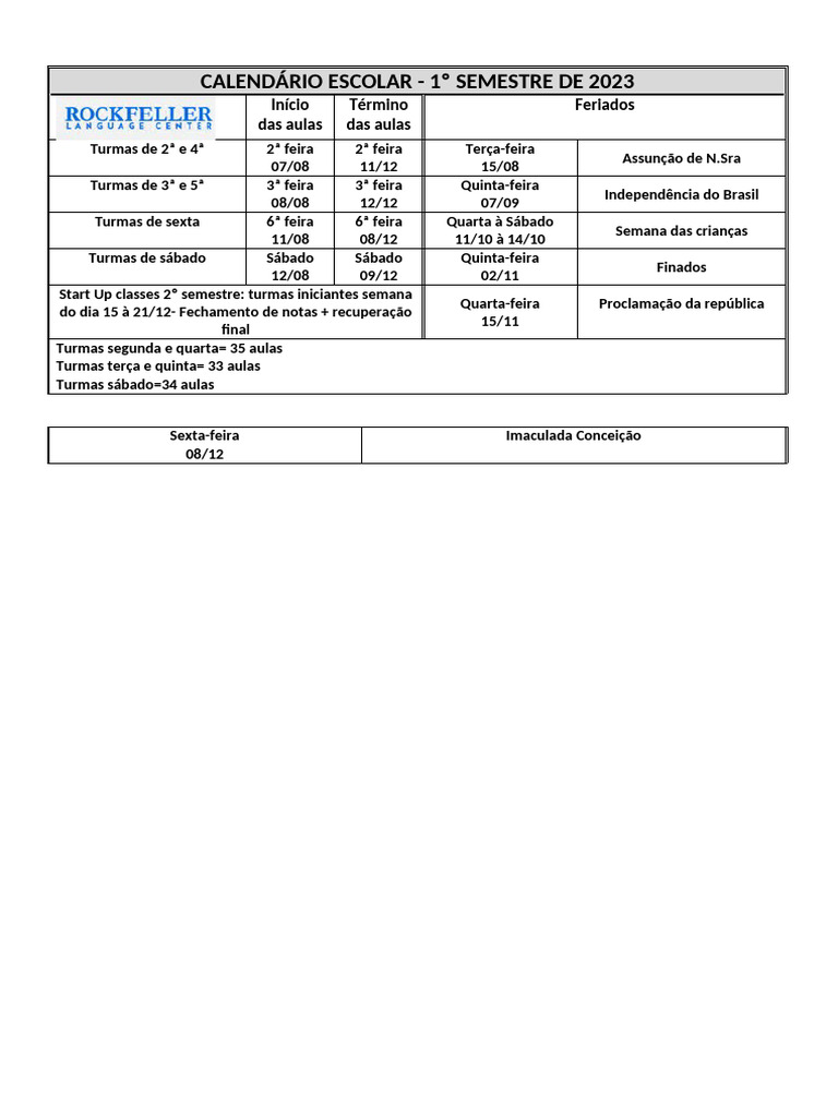 Calendário Escolar 1º Semestre 2023 | PDF