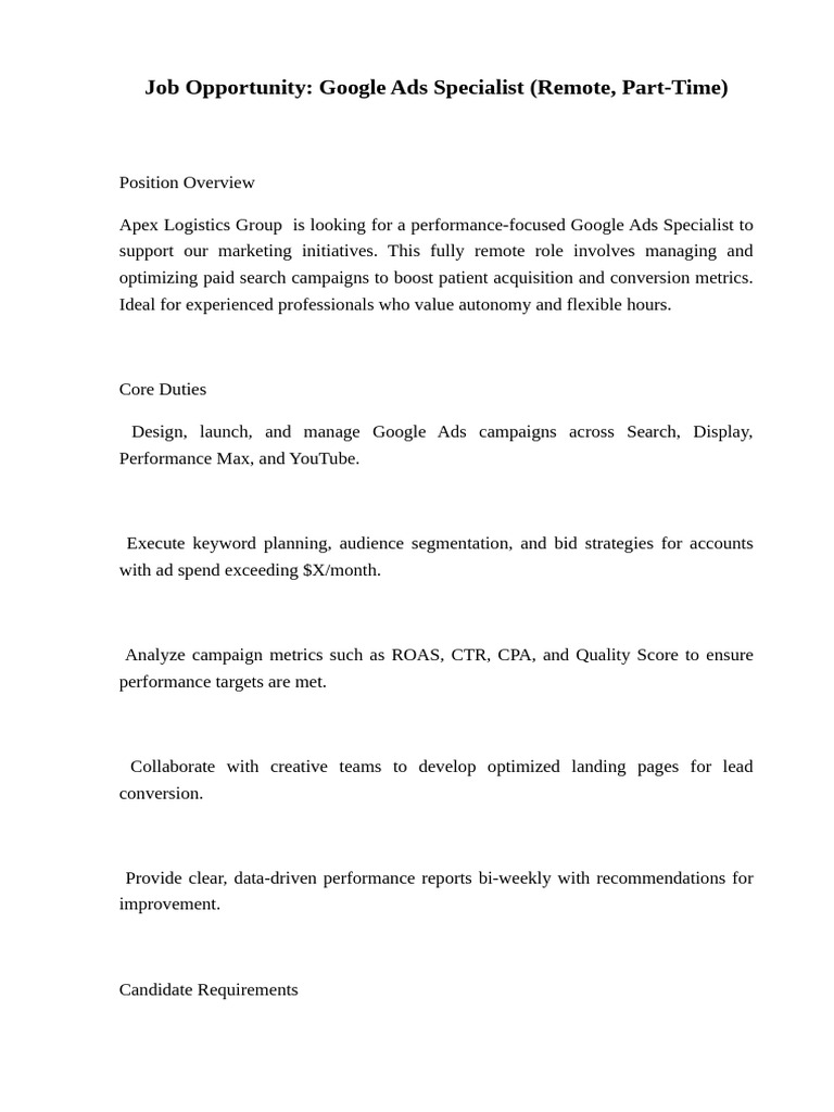 Remote Google Ads Specialist Job Opening | PDF