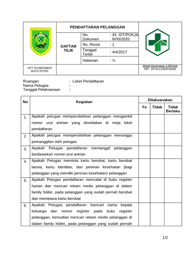 Daftar Tilik Pendaftaran | PDF