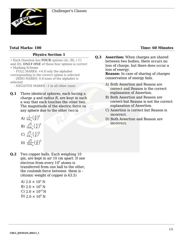 CHLC JEEMAIN 00611 1 Question Paper | PDF | Electric Field | Force