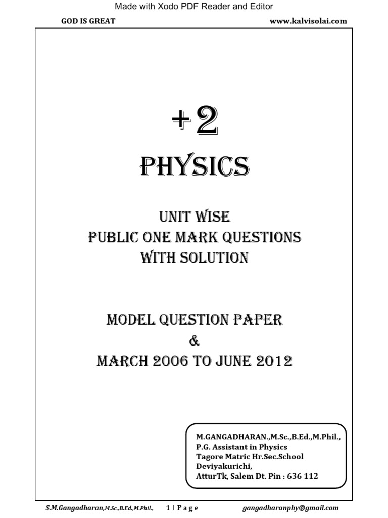 +2 1mark-March-2006-To-June-2012-With-Key-111-2 | PDF | Electric Field ...