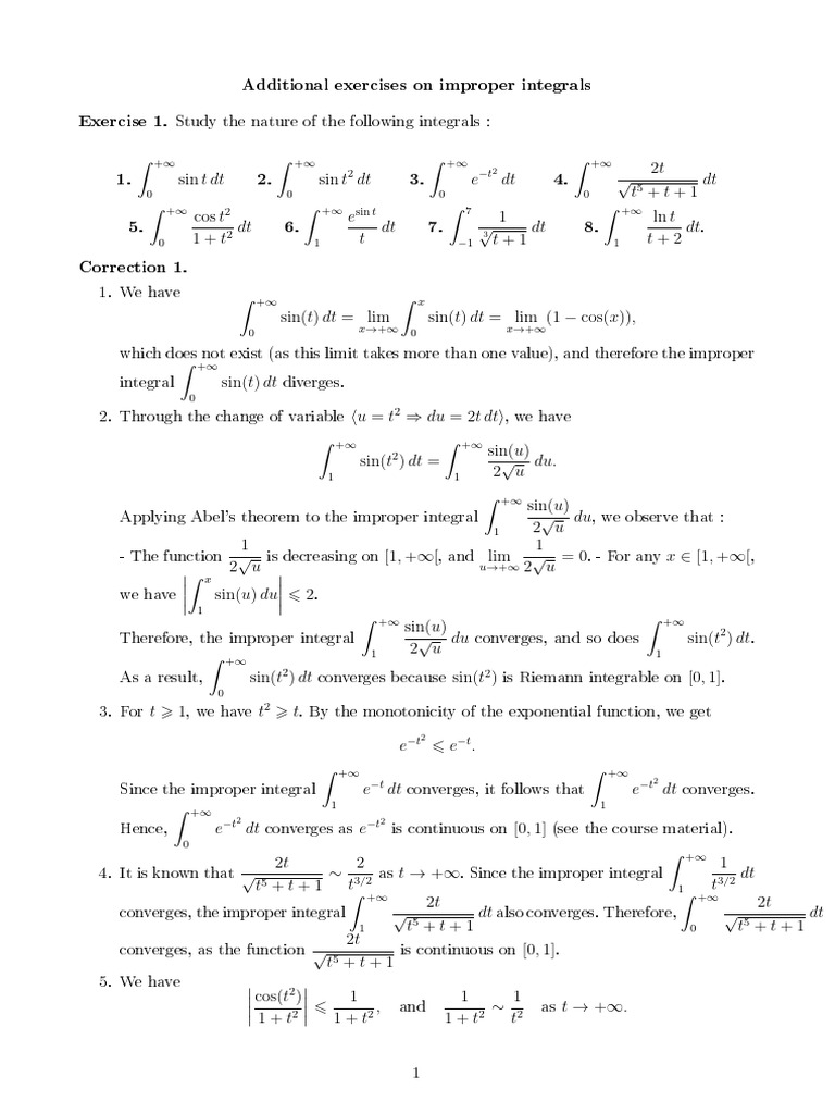 Additional exercises on improper integrals(1) | PDF | Mathematical ...