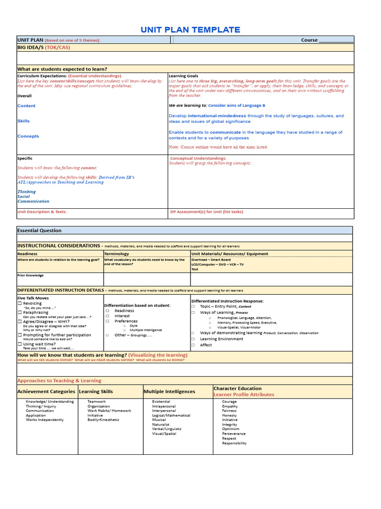 Unit Plan Template for Language B | PDF | Learning | Behavior Modification