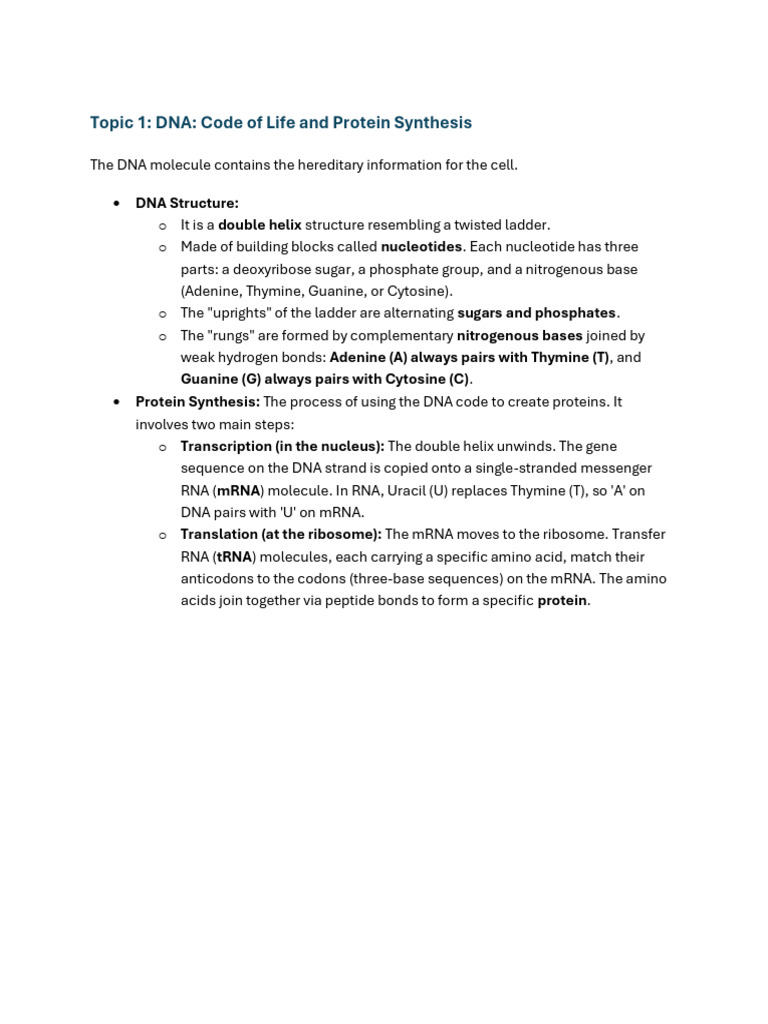 DNA Structure and Protein Synthesis Guide | PDF