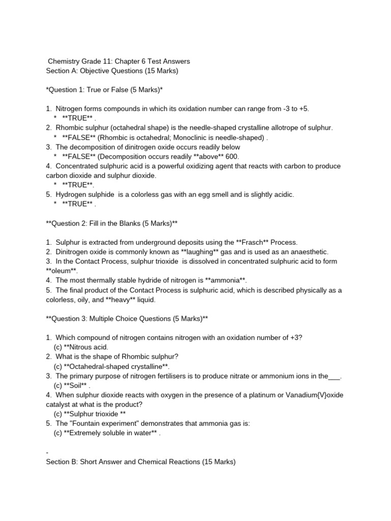 Chemistry Grade 11 - Chapter 6 Test Answers | PDF | Nitrogen | Oxide