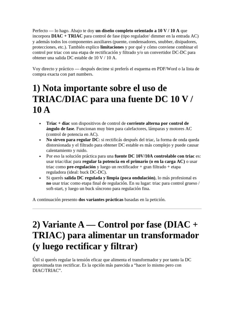 Diseño de Fuente DC 10V/10A con TRIAC | PDF | Rectificador | Transformador