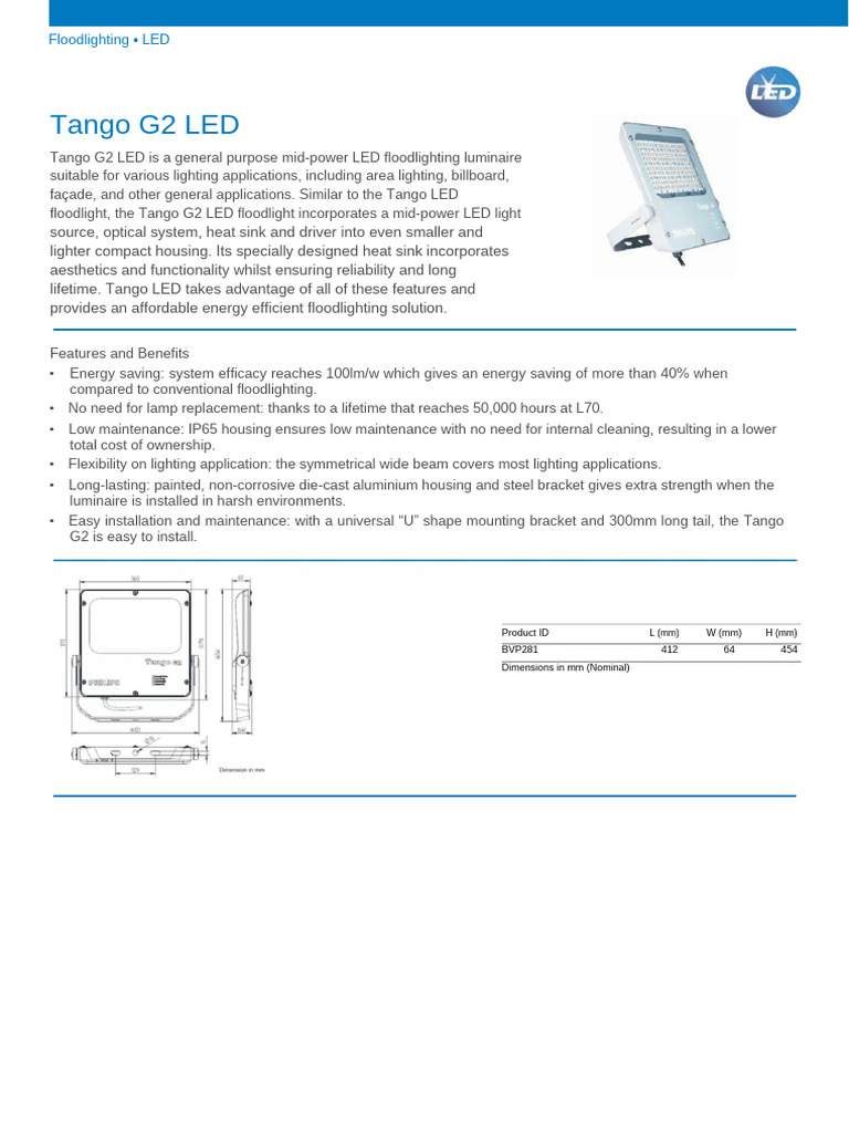 Tango G2 LED Floodlight Overview | PDF | Lighting | Light Emitting Diode
